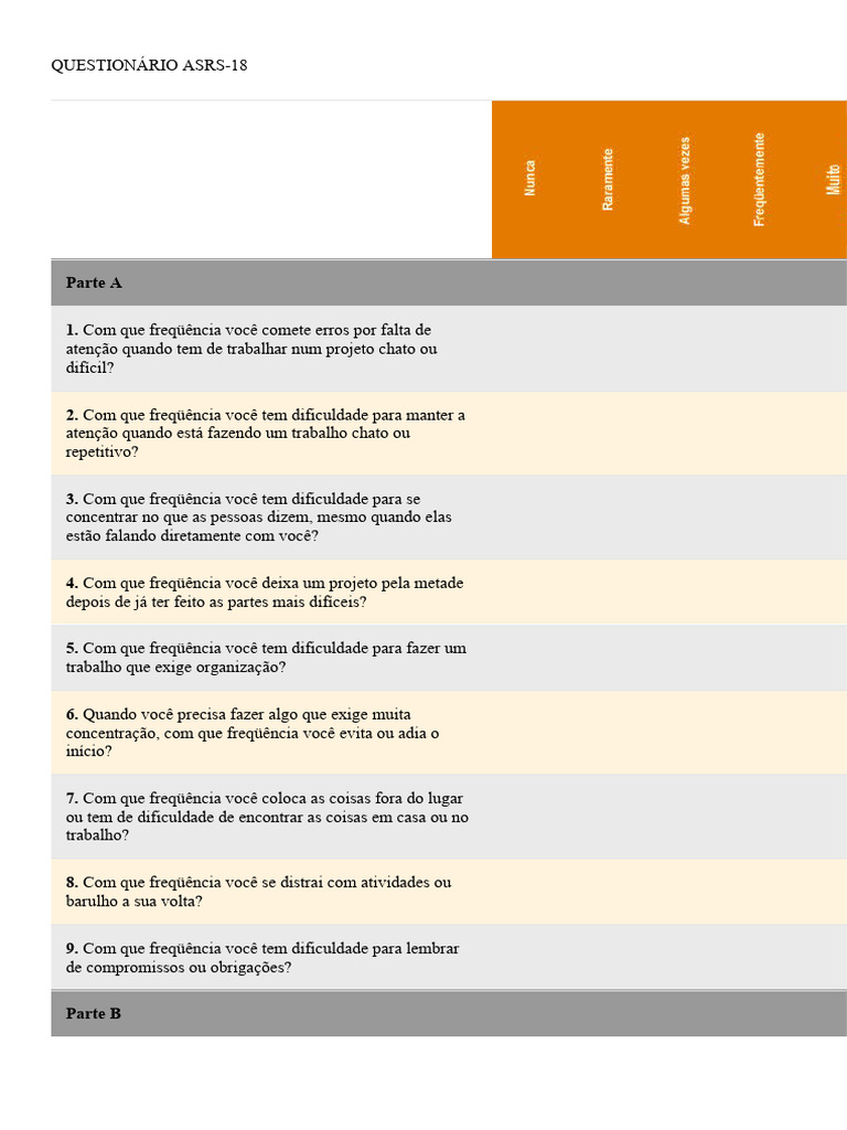 Questionário ASRS-18 para TDAH | PDF