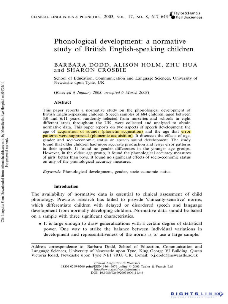 Phonological Development A Normative Stu Pdf Phonology Speech