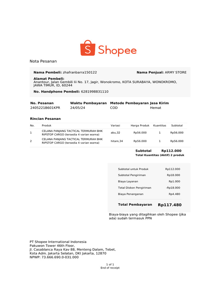 Invoice Shopee | PDF
