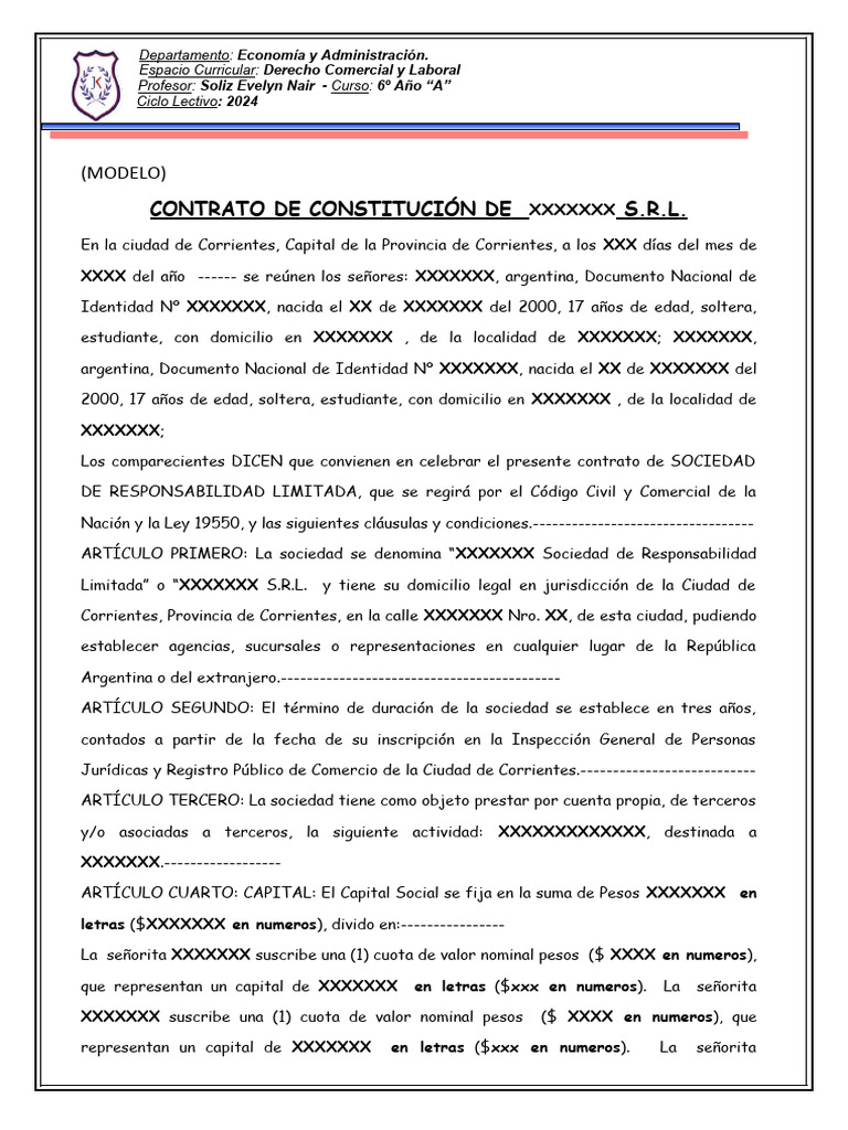 Modelo de Contrato de Constitucion | PDF | Bancos | Sociedad de responsabilidad limitada