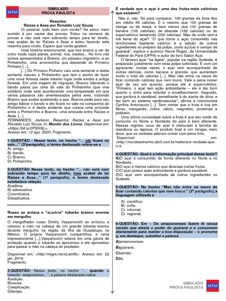 Simulado Prova Paulista 1 Bi 2023 Lp9ano | PDF | Banana | Alimentos