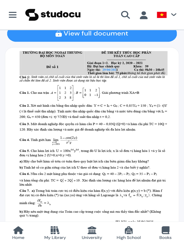 De Thi Cuoi Ky Toan Cao Cap TOA105 - Toán Cao Cấp - Đại Học Kinh Tế TPHCM - Studocu | PDF