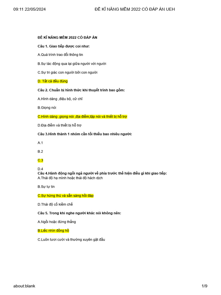 ĐỀ KĨ NĂNG MỀM 2022 CÓ ĐÁP ÁN UEH | PDF