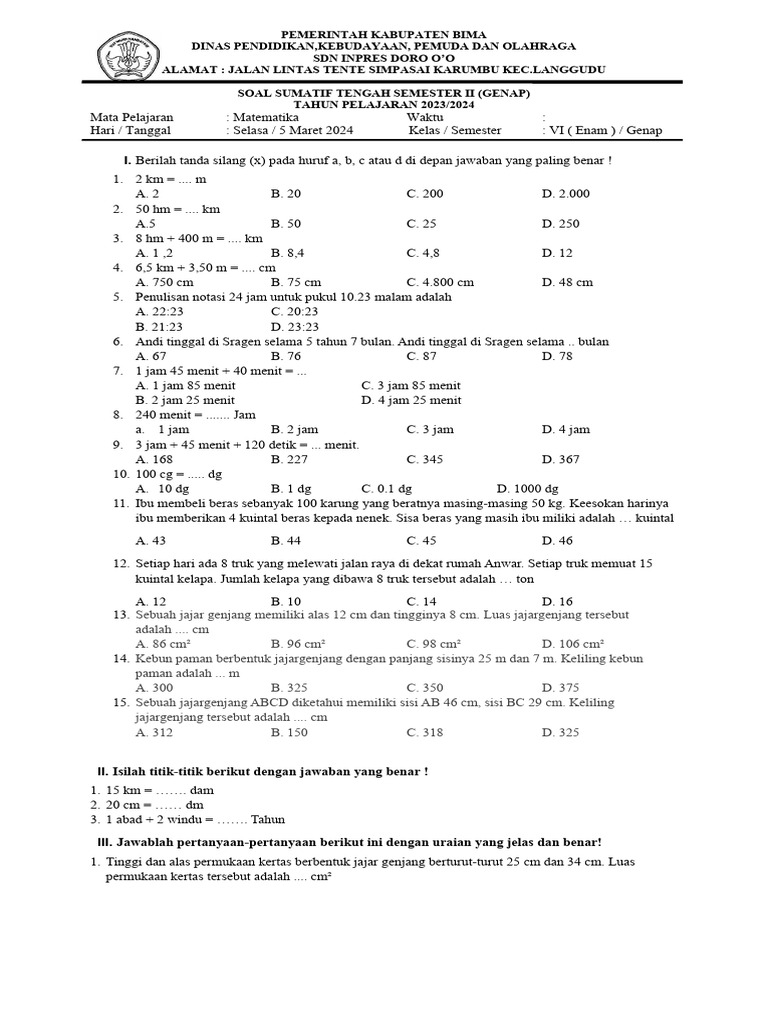 Soal PTS Matematika Kelas 6 SMT 2 2023.2024 | PDF