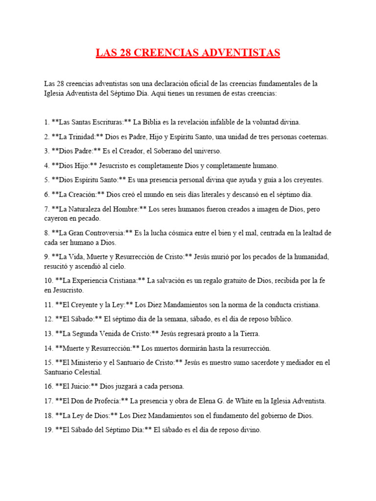 Las 28 Creencias Adventistas Resumen | PDF | Iglesia Adventista del Séptimo Día | La ...