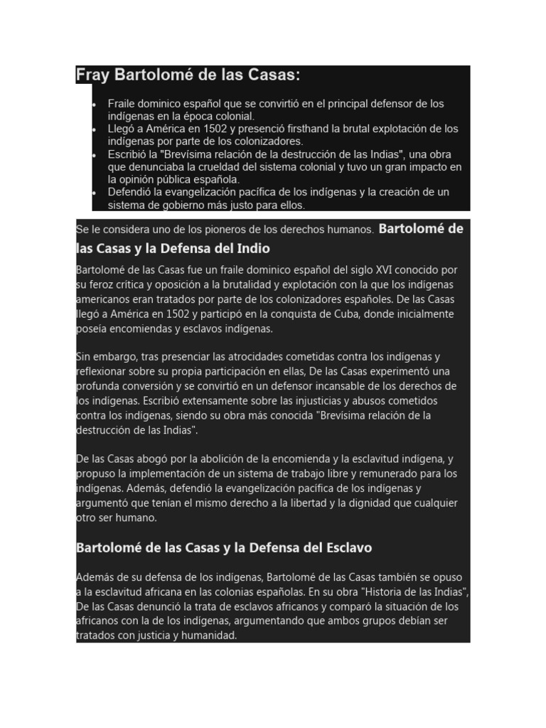 Fray Bartolomé de Las Casas | PDF | Esclavitud | Colonización europea ...