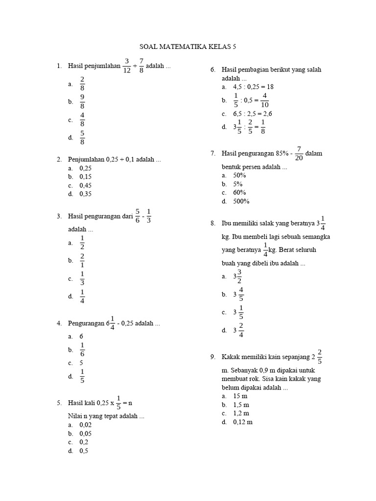 SOAL MATEMATIKA KELAS 5 Kurikulum Merdeka | PDF