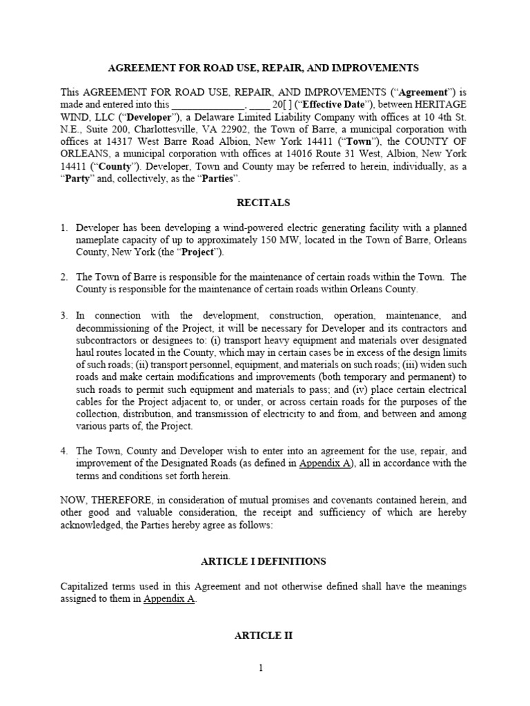 Draft Road Use Agreement | PDF | Indemnity | Assignment (Law)