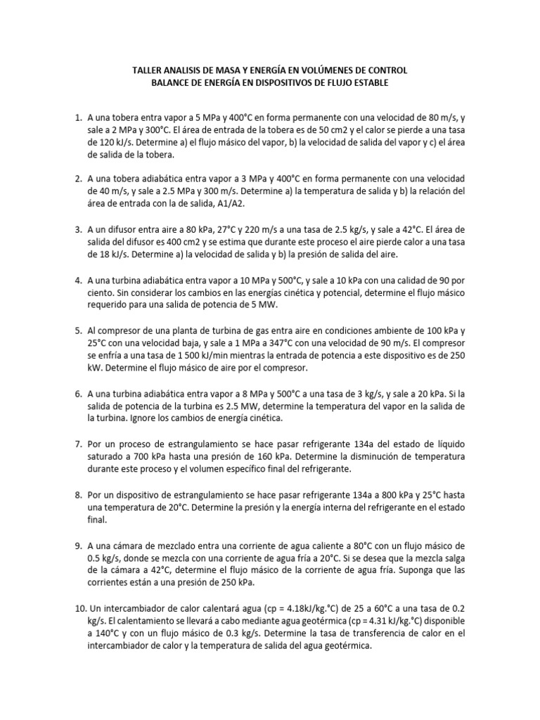 Taller Balance Energia Volumen de Control - Dispositivos Flujo Estable ...