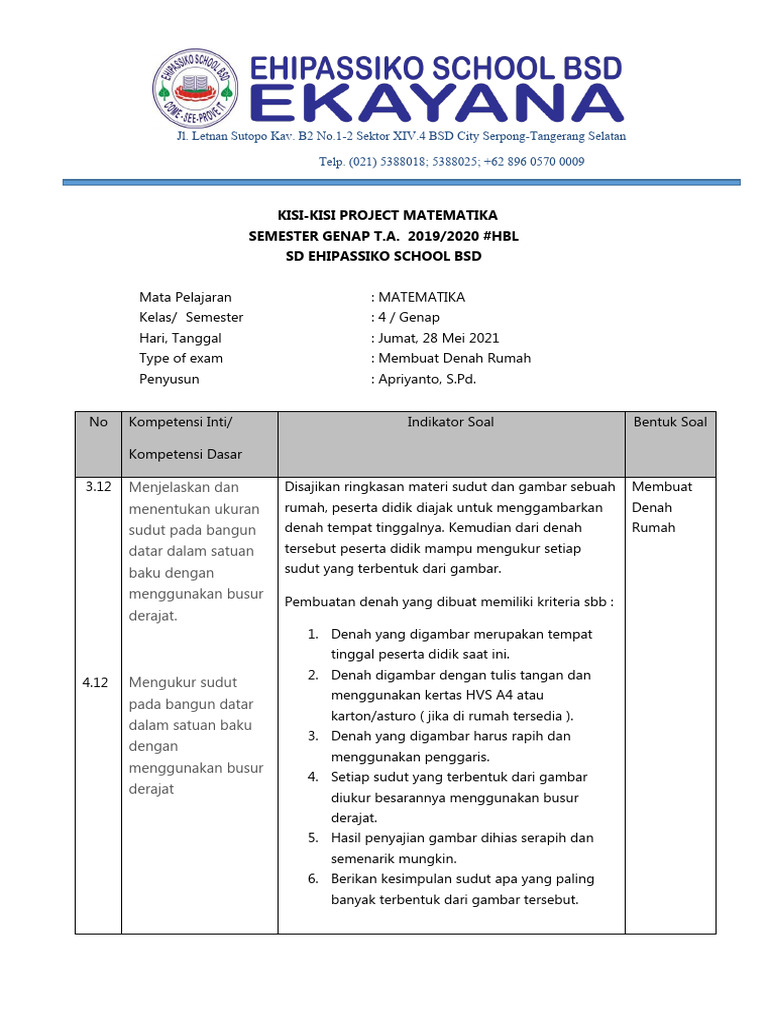 KISI-KISI PROJECT MATEMATIKA KELAS IV Untuk 27 Mei 2020 | PDF