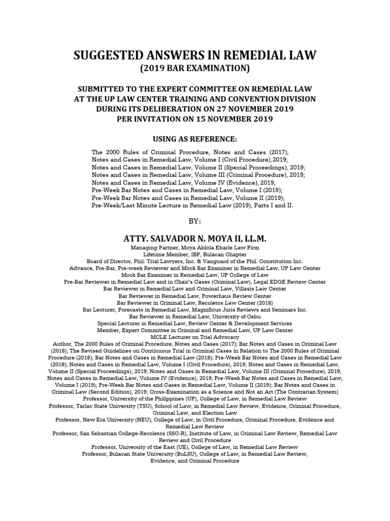 2019-REMEDIAL-LAW-BAR-EXAMINATION - Final-Edited 2 | PDF | Injunction ...