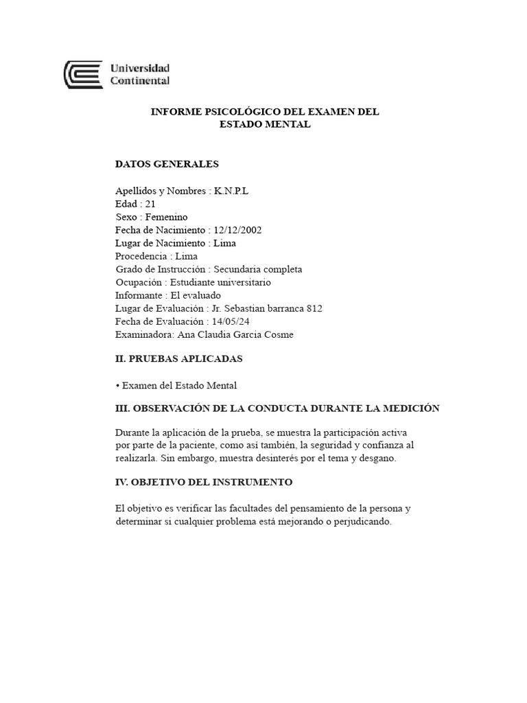 Informe de Examen Mental | Descargar gratis PDF | Pensamiento | Memoria