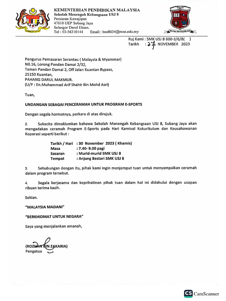 Contoh Surat Jemputan Jelajah Sekolah MLBB | PDF