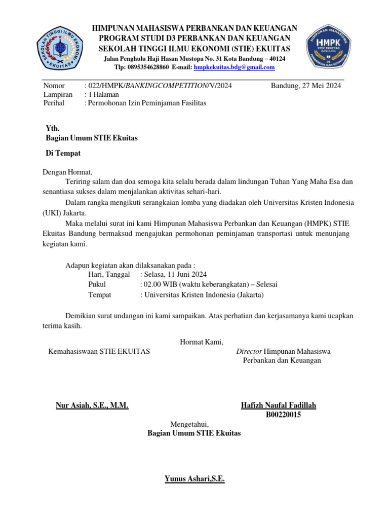 022 - Surat Peminjaman Hiace Banking Competition | PDF