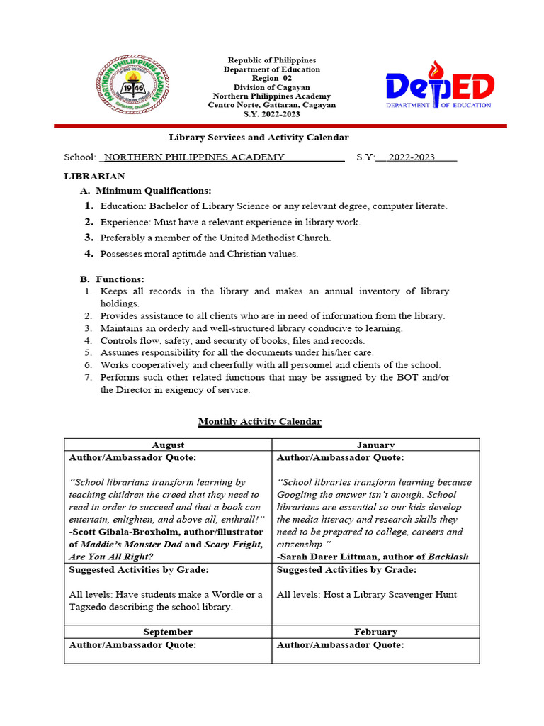 Library Services and Activity Calendar | PDF | School Library | Libraries