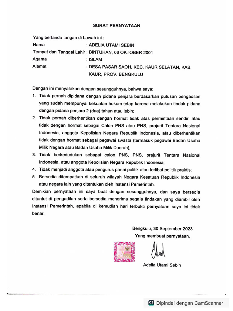 Surat Pernyataan Lampiran | PDF