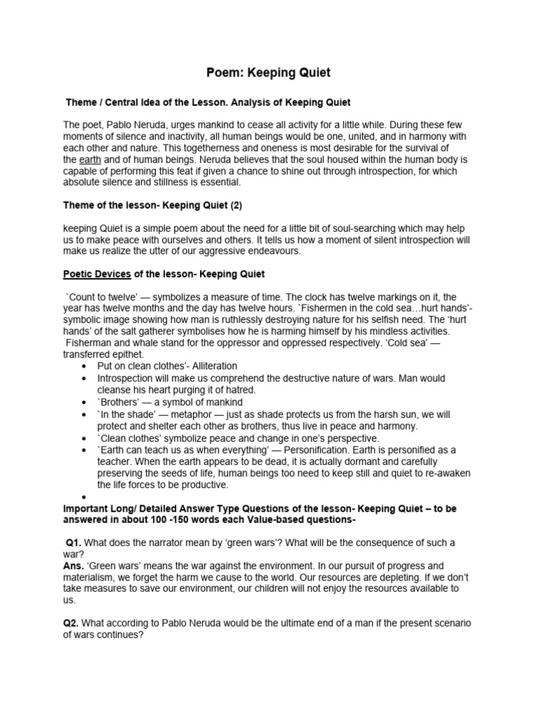 Notes Keeping Quiet Class 12 | PDF | Poetry | Silence