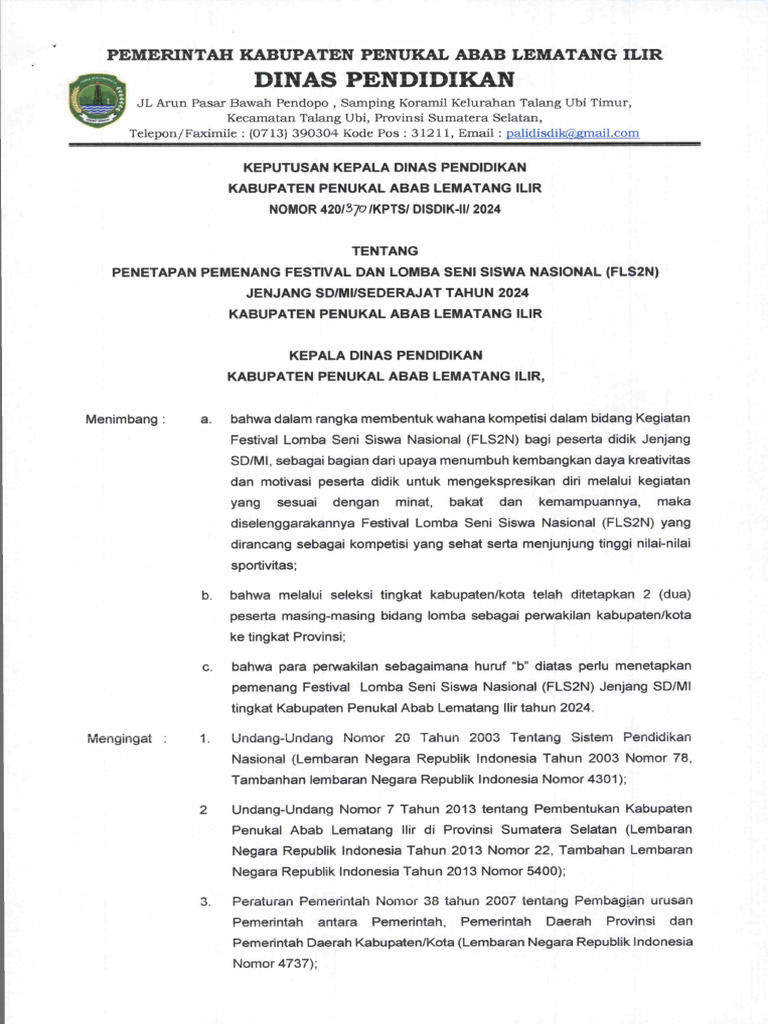 SK Pemenang FLS2N SD Kab. Pali Tahun 2024 | PDF