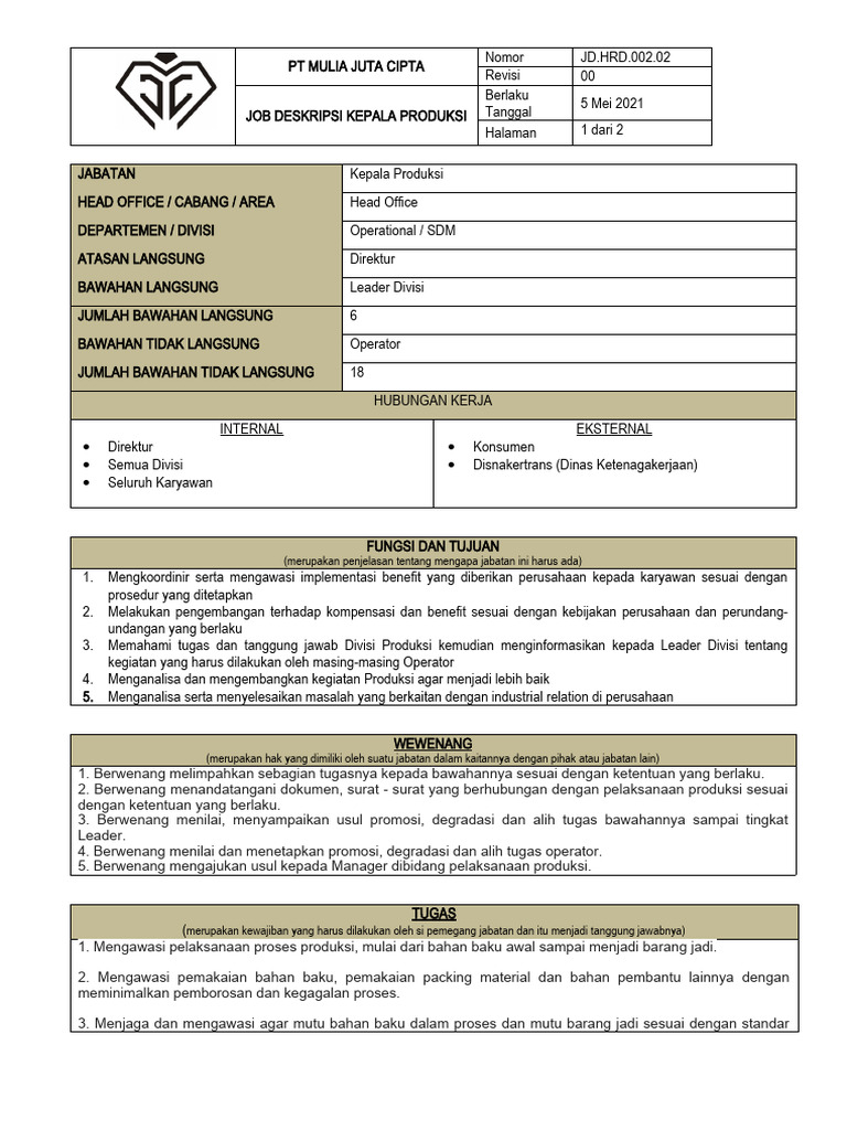 Job Desk Kepala Produksi | PDF