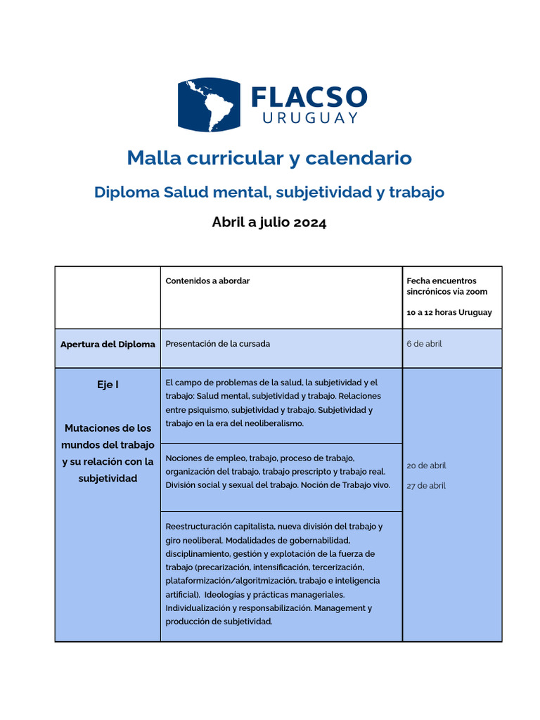 Mallar Curricular y Calendario DIPLOMA EN SALUD MENTAL SUBJETIVIDAD Y ...