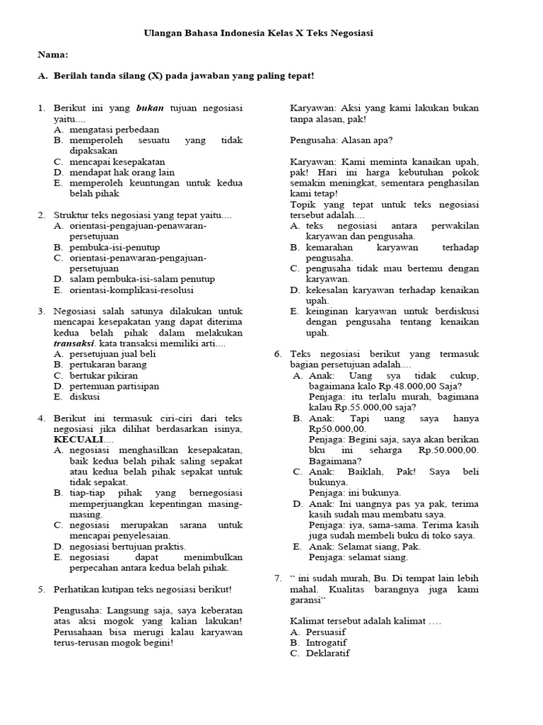 Soal Ulangan Teks Negosiasi Kelas 10 | PDF