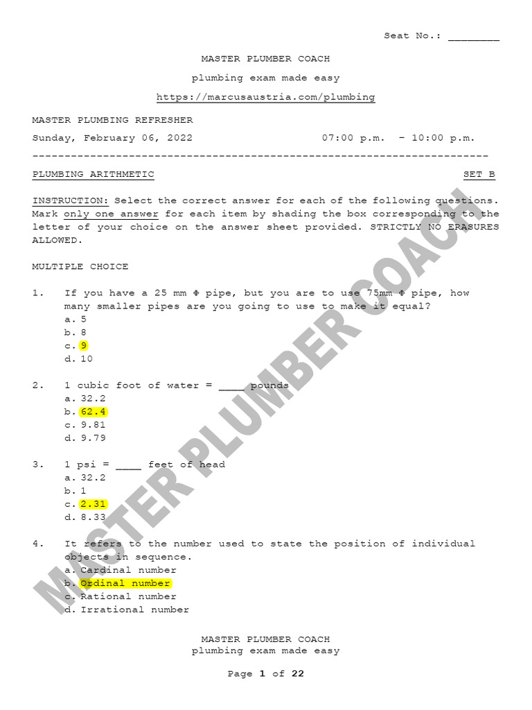 Plumbing Arithmetic Refresher Set B | PDF | Gallon | Numbers