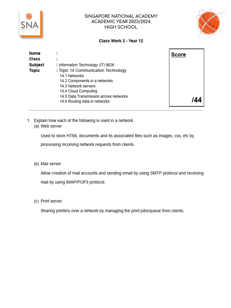 (Term 1) (IT 12) Worksheet 3 MS | Download Free PDF | Computer Network ...