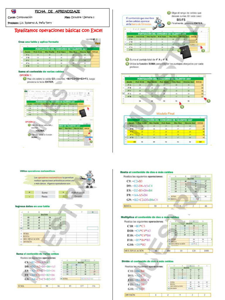 FIcha de Aprendizaje REALIZAMOS OPERACIONES BASICAS CON EXCEL | PDF