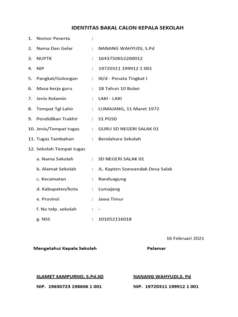 Identitas Bakal Calon Kepala Sekolah | PDF