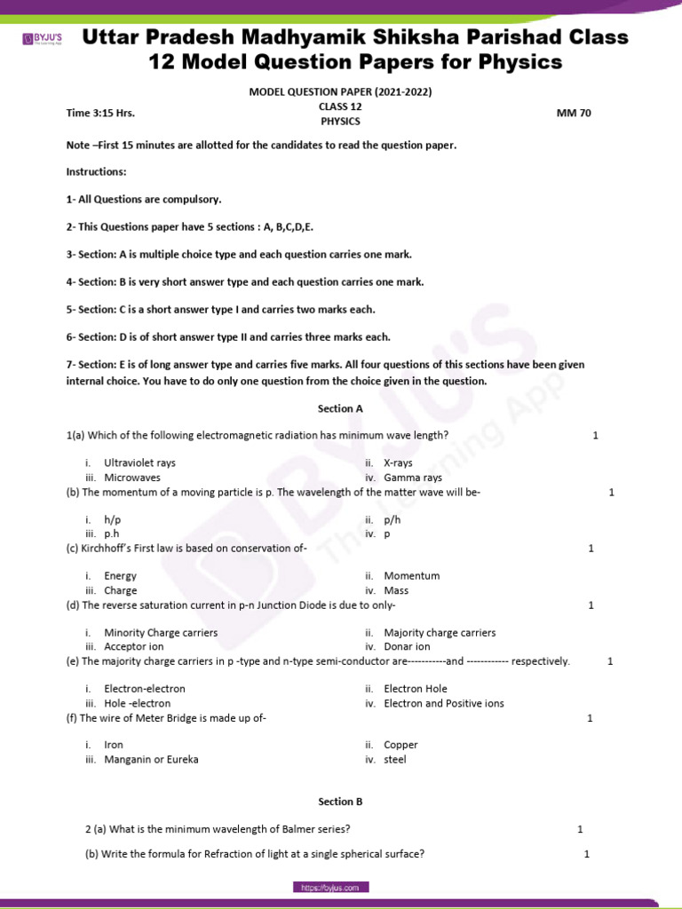 Upmsp Model QP 2021 22 Physics English | PDF | Electron | Capacitance