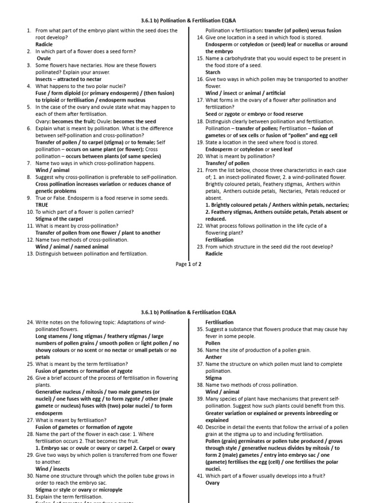 Pollination and Fertilisation Answers | PDF | Flowers | Fertilisation