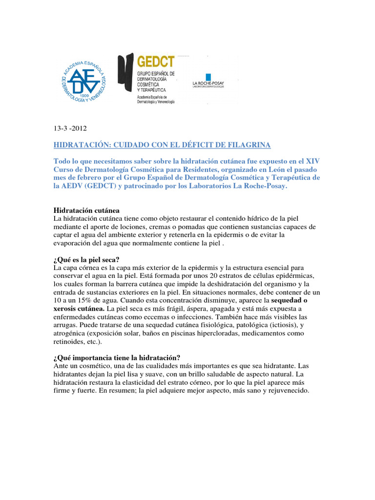 Hidratación Cutánea y Filagrina | PDF | Piel | Lípido