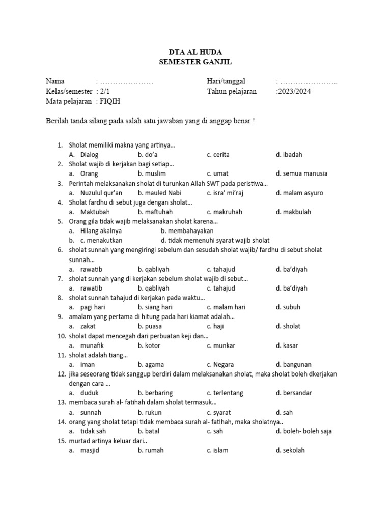 Soal Fiqih Klas 2 DTA | PDF