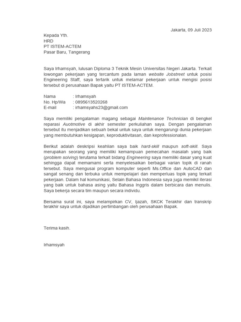 Surat Lamaran PT ISTEM-ACTEM | PDF | Karier & Perkembangan