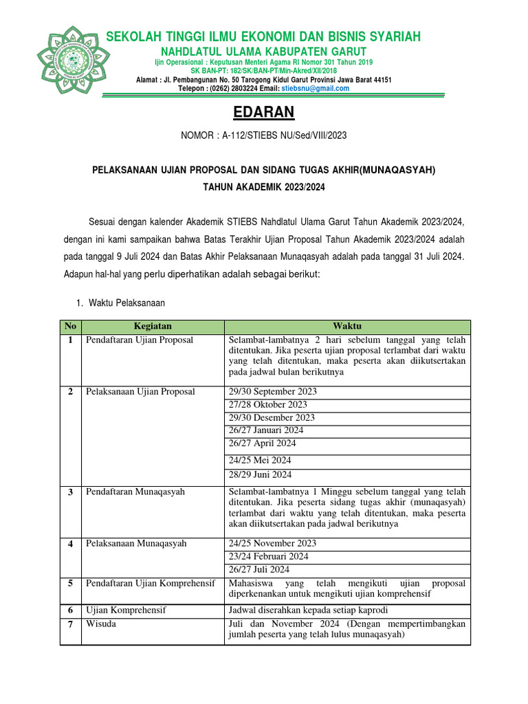112 Surat Edaran Pelaksanaan Ujian Proposal Sidang Proposal Dan Munaqasyah STIEBS NU Garut | PDF