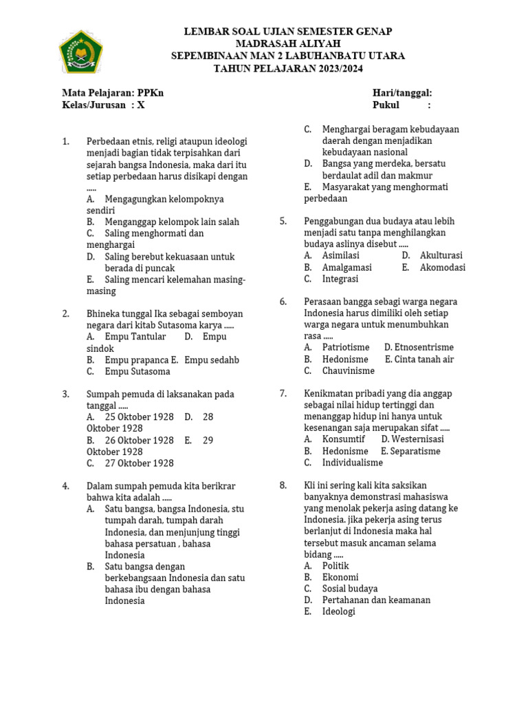 SOAL PPKN TYO SEMESTER GENAP TP 2023-2024 | PDF | Politik | Sejarah
