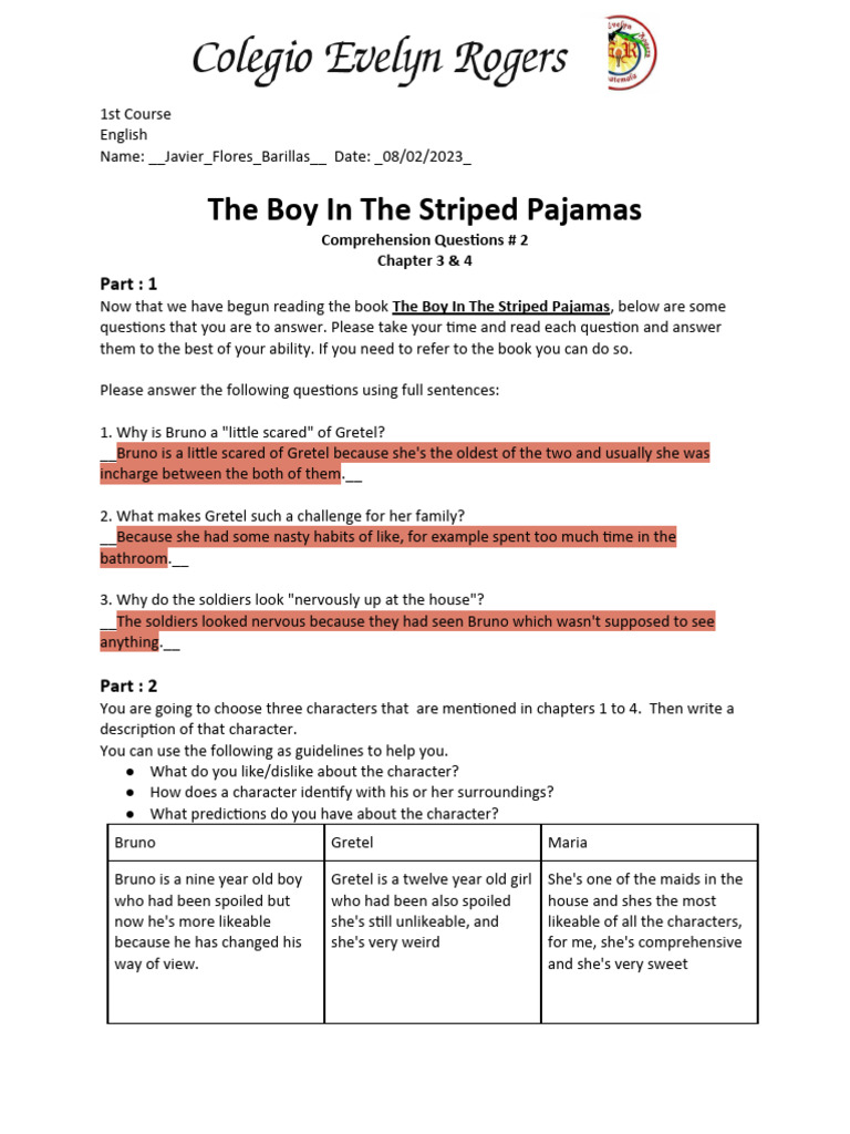 Comprehension Questions # 1 The The Boy in The Striped Pajamas Chapter ...