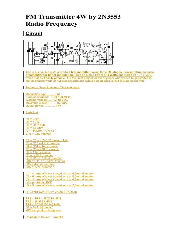 4W FM Transmitter Circuit with 2N3553 | PDF