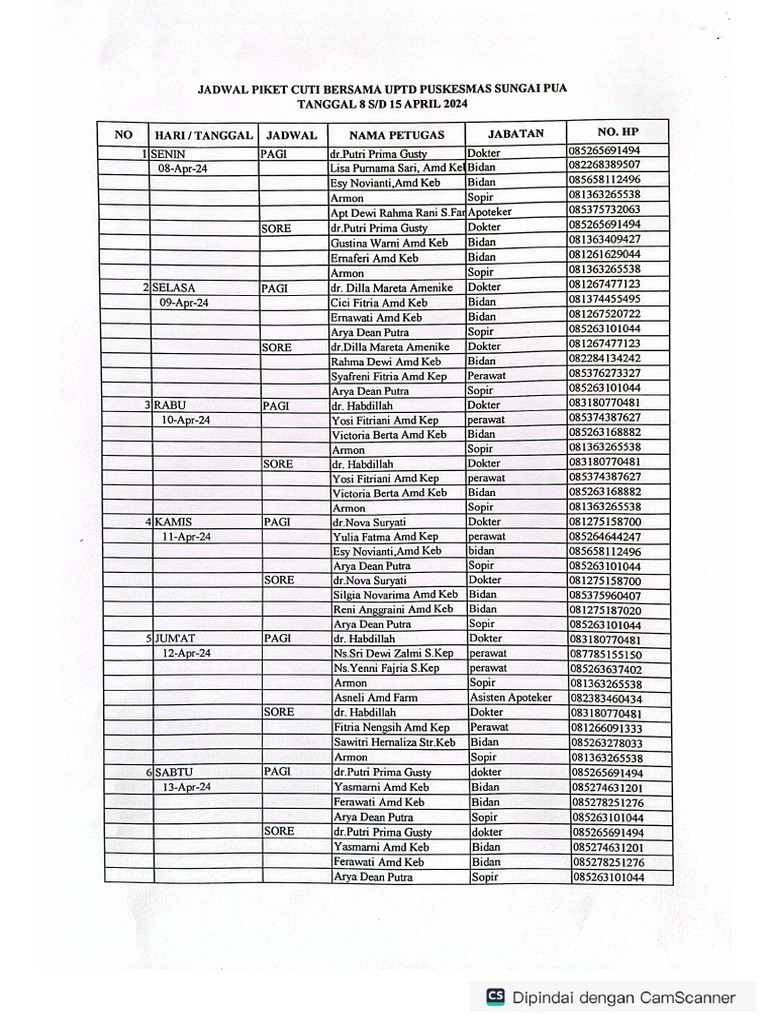 Jadwal Piket Cuti Bersama Pusk Sungai Pua | PDF