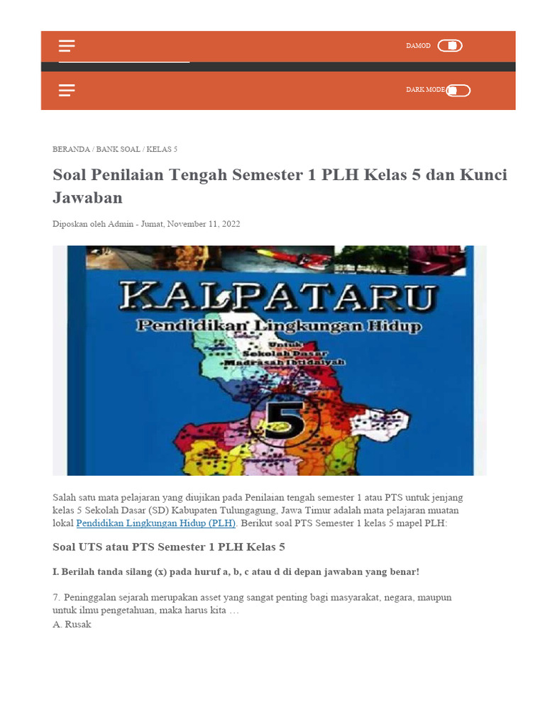 WWW Sekolahdasar Net 2022 11 Soal Penilaian Tengah Semester 1 PLH Kelas 5 HTML | PDF