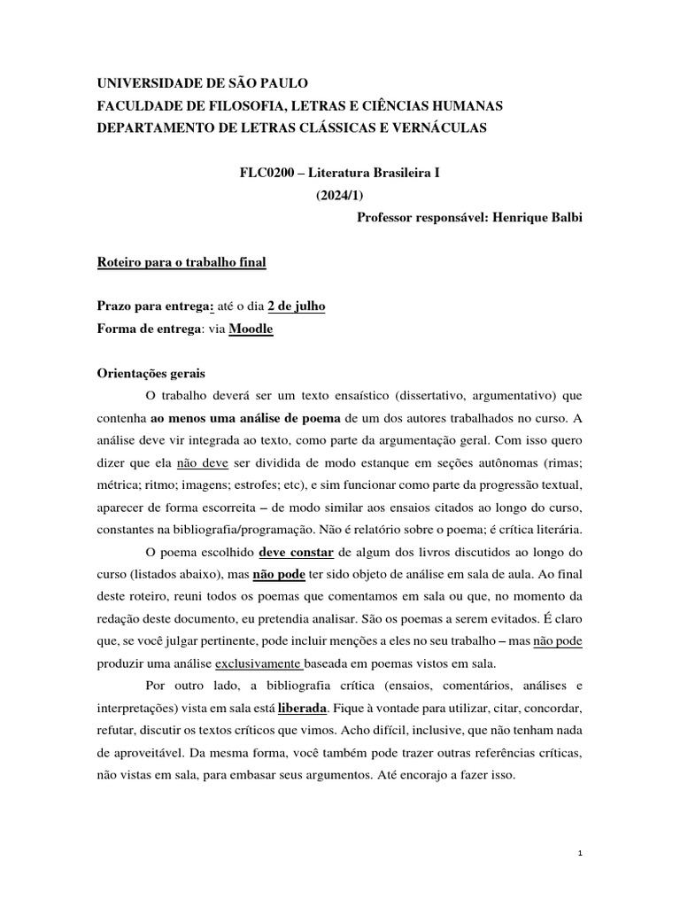 Literatura Brasileira I - Roteiro para Trabalho Final | PDF | Poesia | Escrita