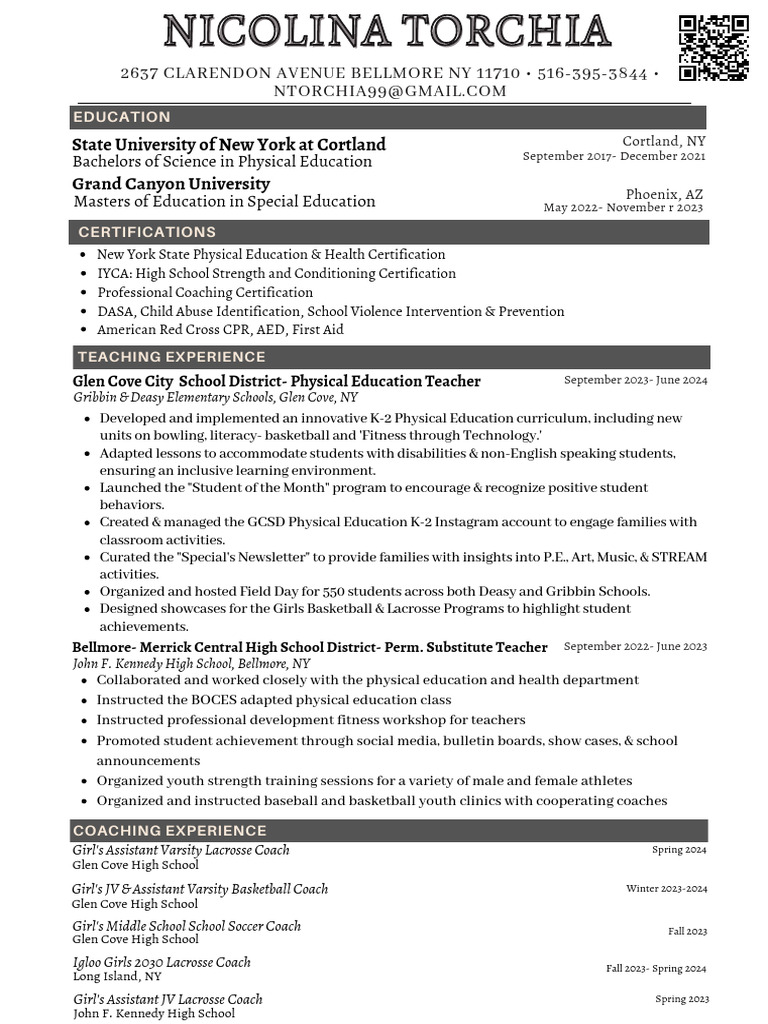 nicolina torchia resume 3 | PDF | Physical Education | Behavior Modification
