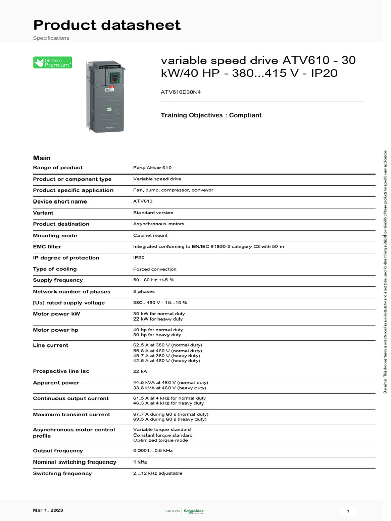 ATV610D30N4 Variable Speed Drive Specs | PDF | Relay | Analogue Electronics