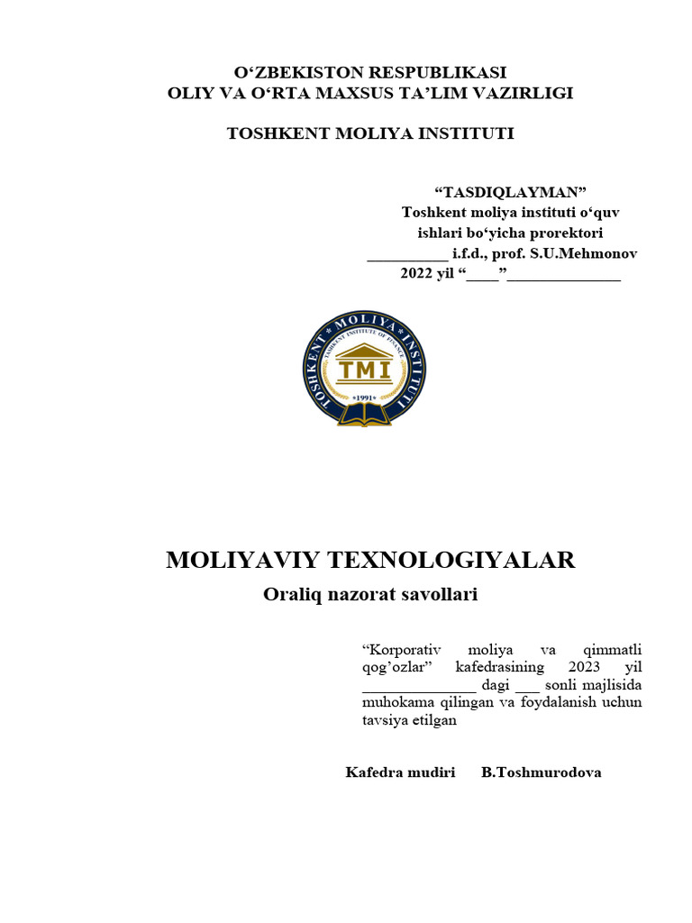 МТ oraliq nazorat savollari | PDF