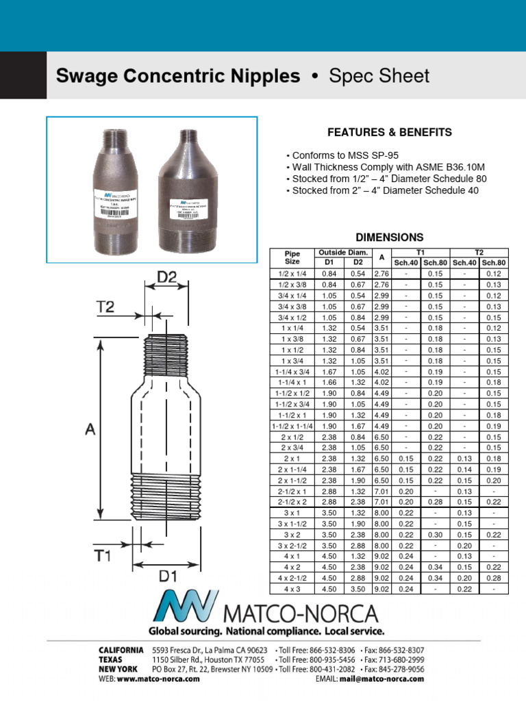 Swage Concentric Nipples Spec Sheet | PDF | Plumbing | Mechanical ...