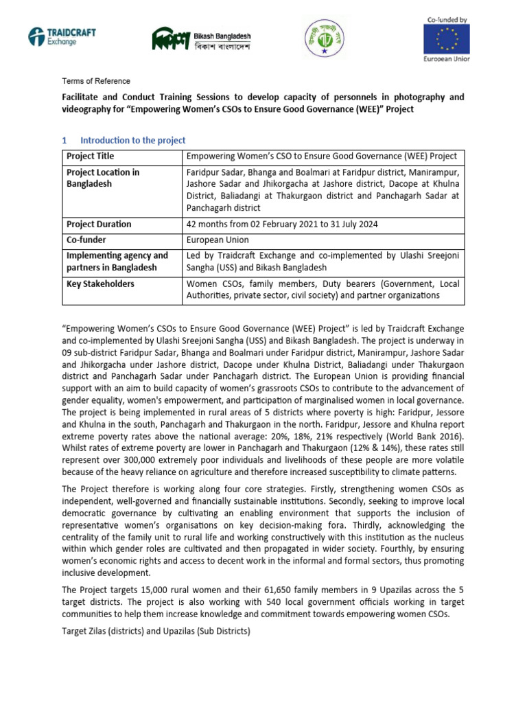 Draft ToR For Videography Training | PDF | Empowerment | Governance