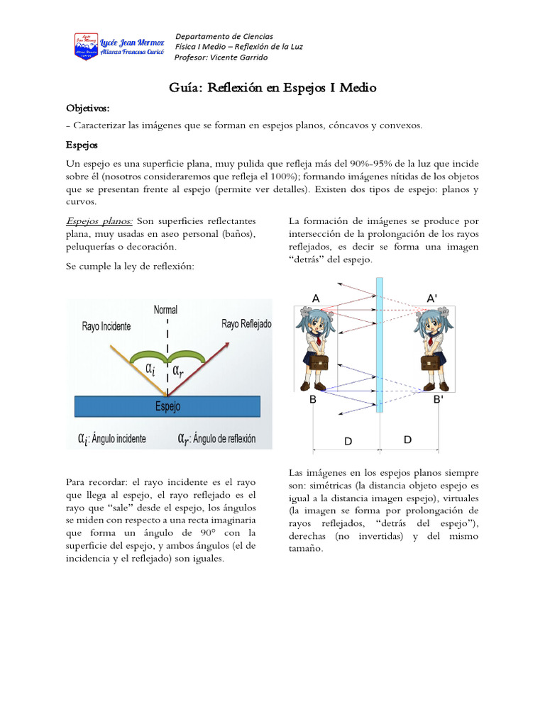 Guía Reflexión en Espejos | PDF | Espejo | Reflexión (Física)