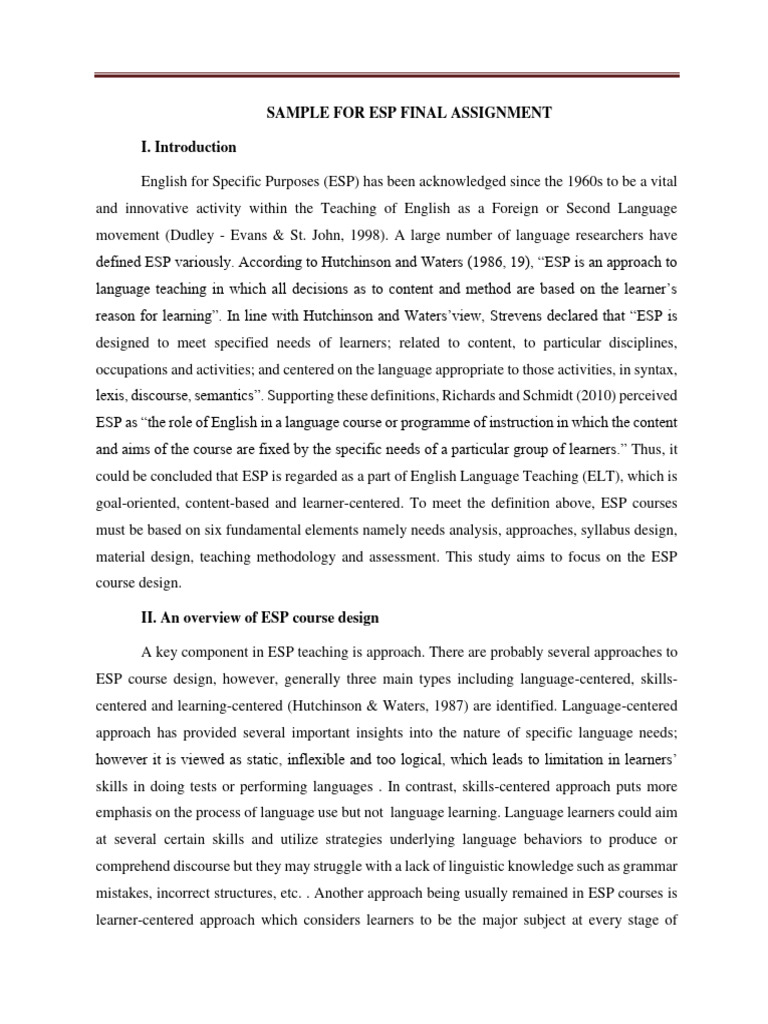 Sample For Esp Final Assignment Course Design Pdf Learning English As A Second Or Foreign