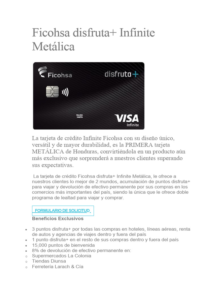Tarjeta Infinite Ficohsa: Beneficios Exclusivos | PDF | Tarjeta de ...