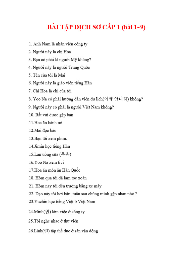 BÀI TẬP DỊCH SƠ CẤP 1 (B1~B9) | PDF